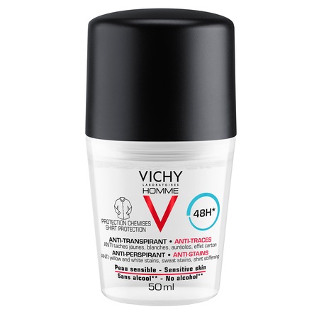Deodorant roll-on Vichy Homme cu efect anti-urme albe, galbene si de ...