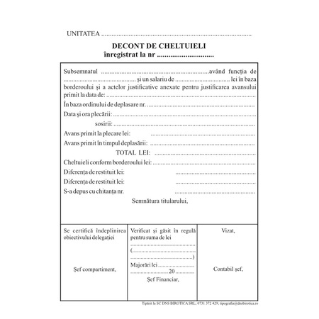 Decont cheltuieli A5, tipar fata/verso, 100 file/carnet, coperta din ...