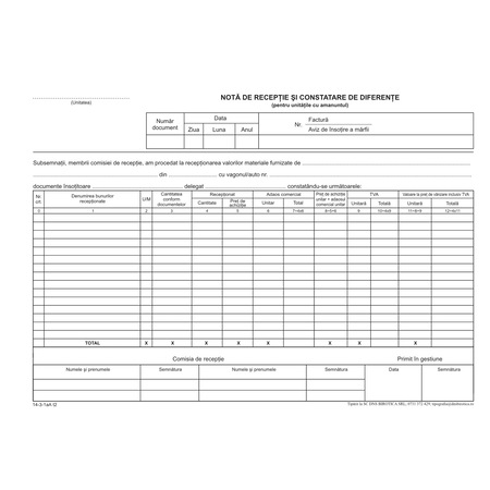 Nota Receptie si Constatare Diferente (NRCD) cu TVA, Format A4, hartie ...