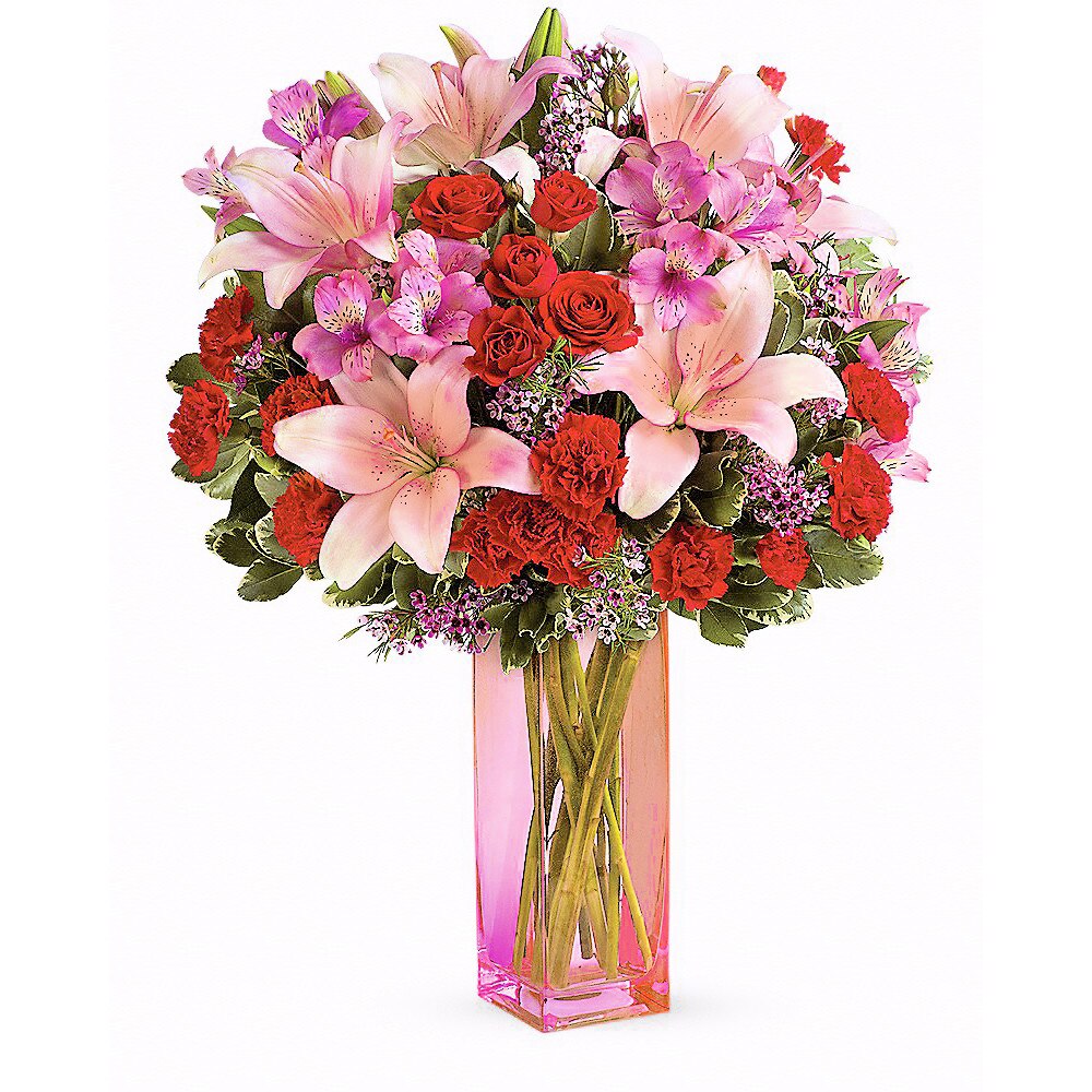 Buchet din crini roz, minirose rosii, garofite rosii si alstroemeria ...