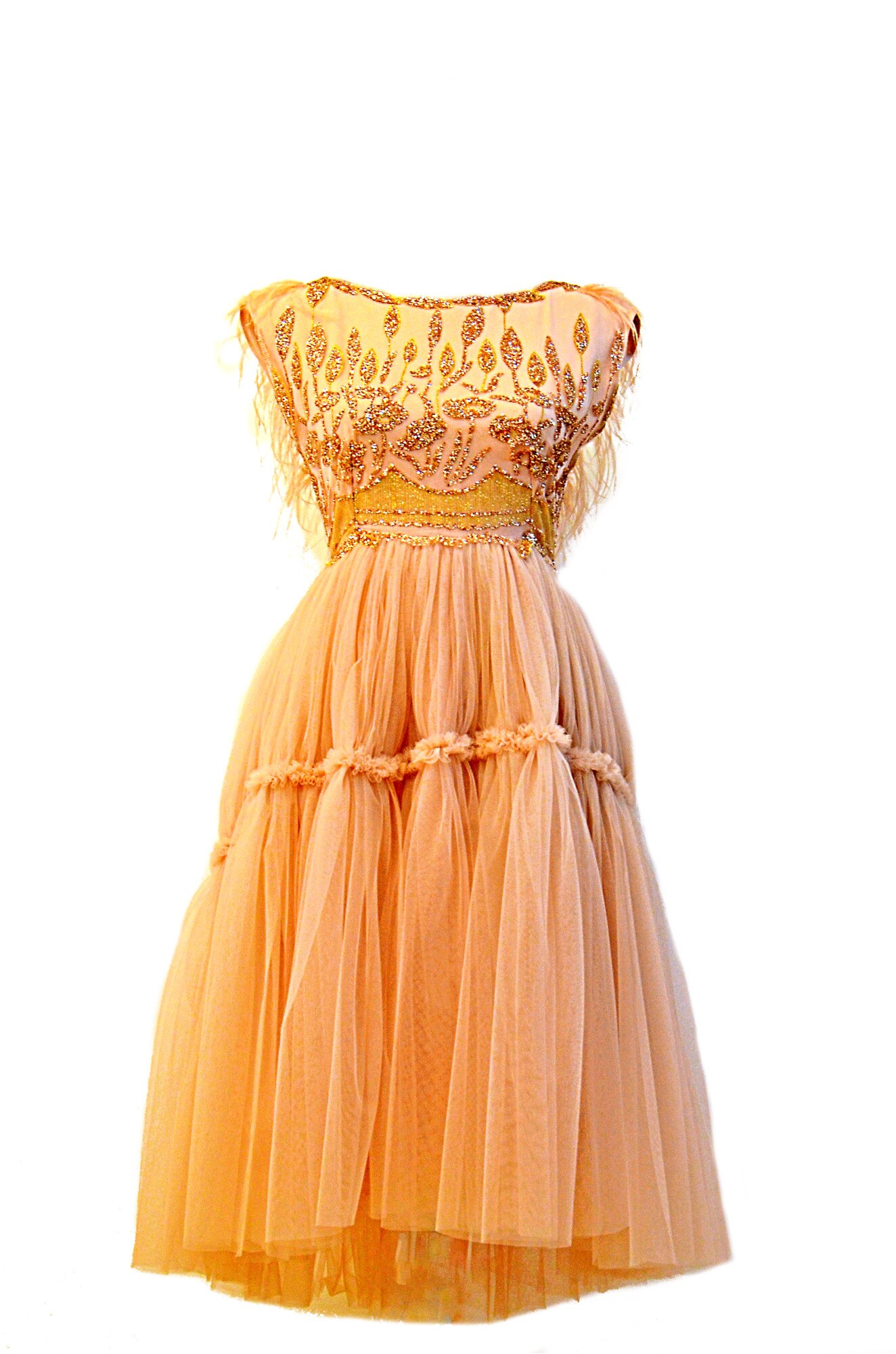 Rochie eleganta, roz pal, din tull, dantela paietata si pene ,marimea ...