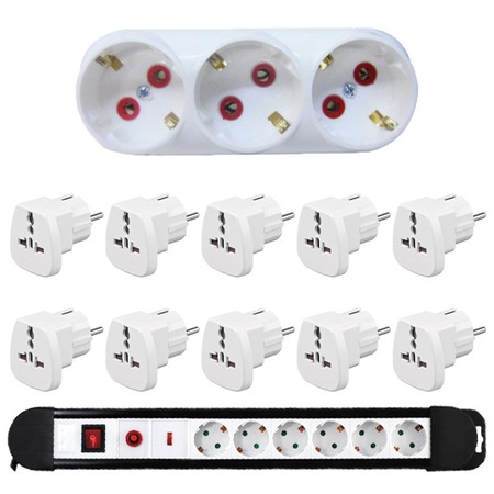 Pachet - 10 x Adaptor pentru priza, model universal + Triplu stecher ...