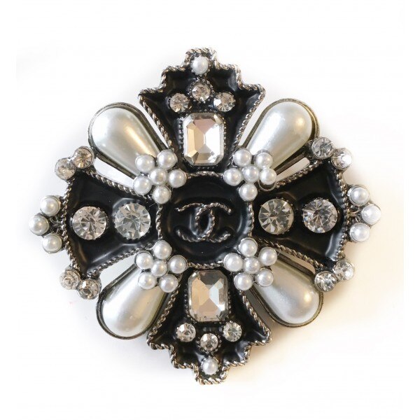 Brosa eleganta, perle si stras, OnisBijou, alb cu negru - eMAG.ro