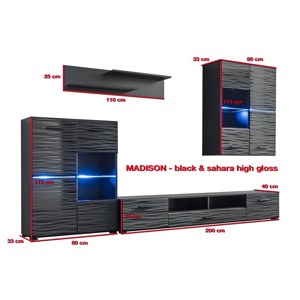 Set mobila living MADISON, MDF, iluminare LED, 280X195X40 cm - eMAG.ro