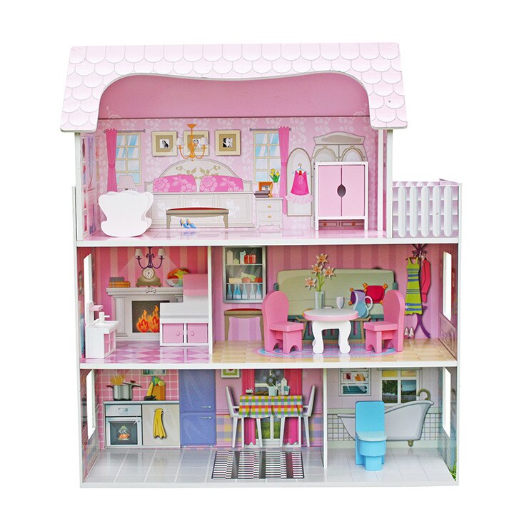 Casa de papusi cu mobilier din lemn, Wooden Toys, Pola, Roz, 3 ani ...