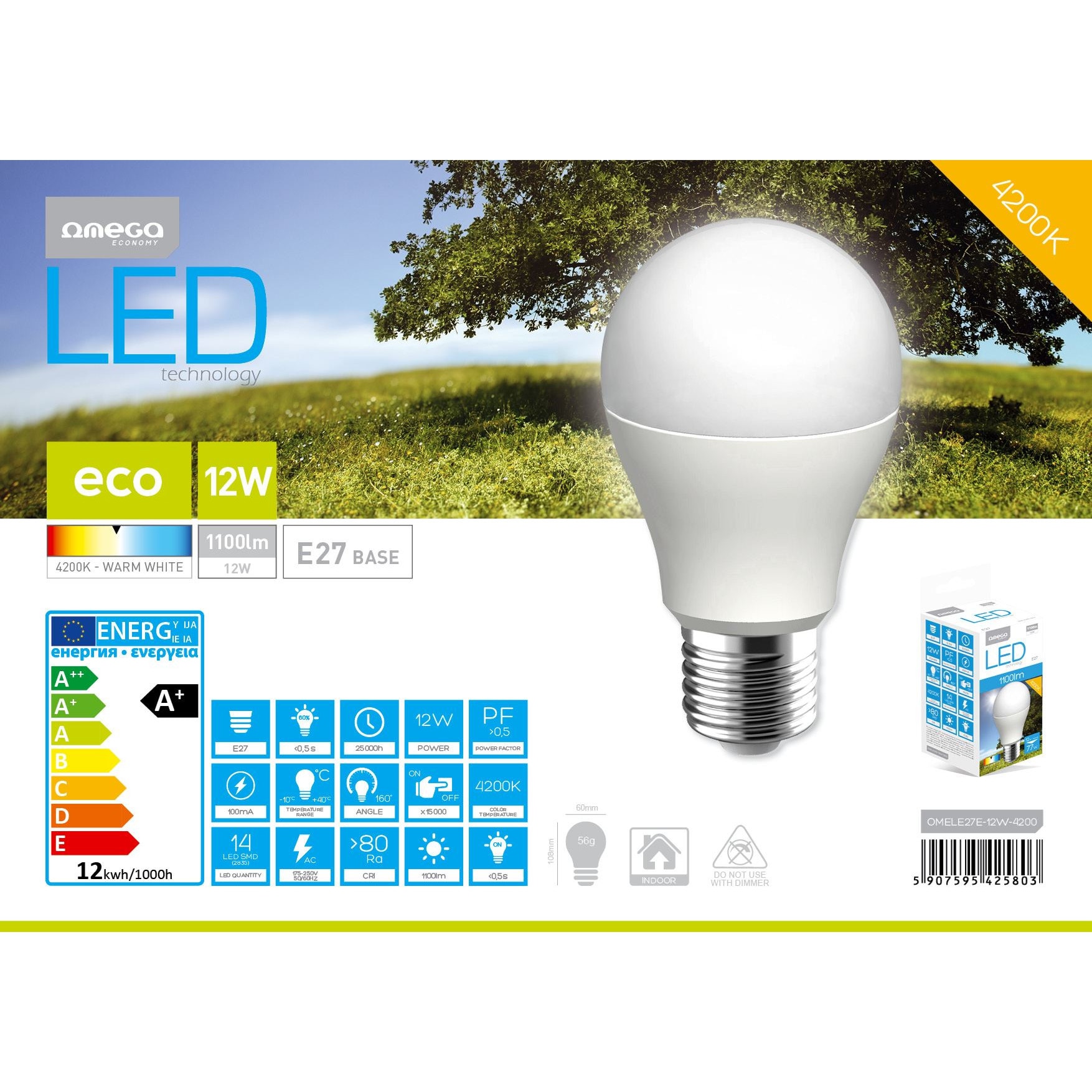 Led крушка Omega Eco 4200K E27 12W [42580] - OMELE27E-12W-4200 - eMAG.bg