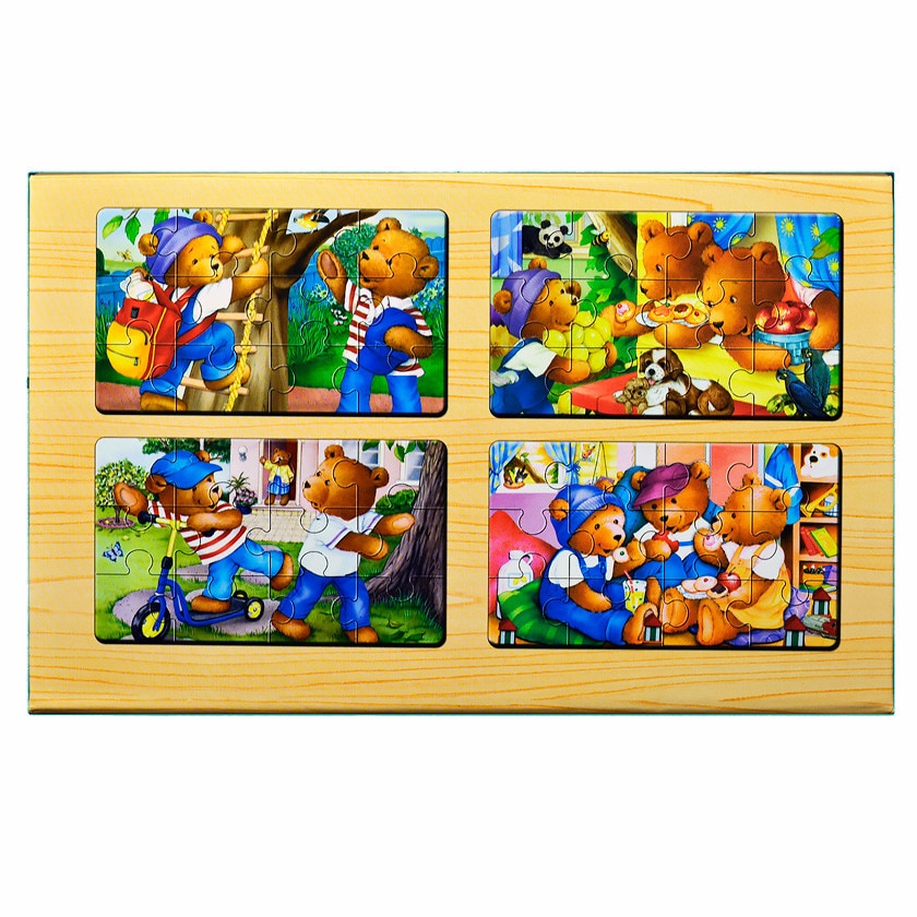Puzzle lemn "Familie ursuleti" - 4 planse * 12 piese, cutie cu ...