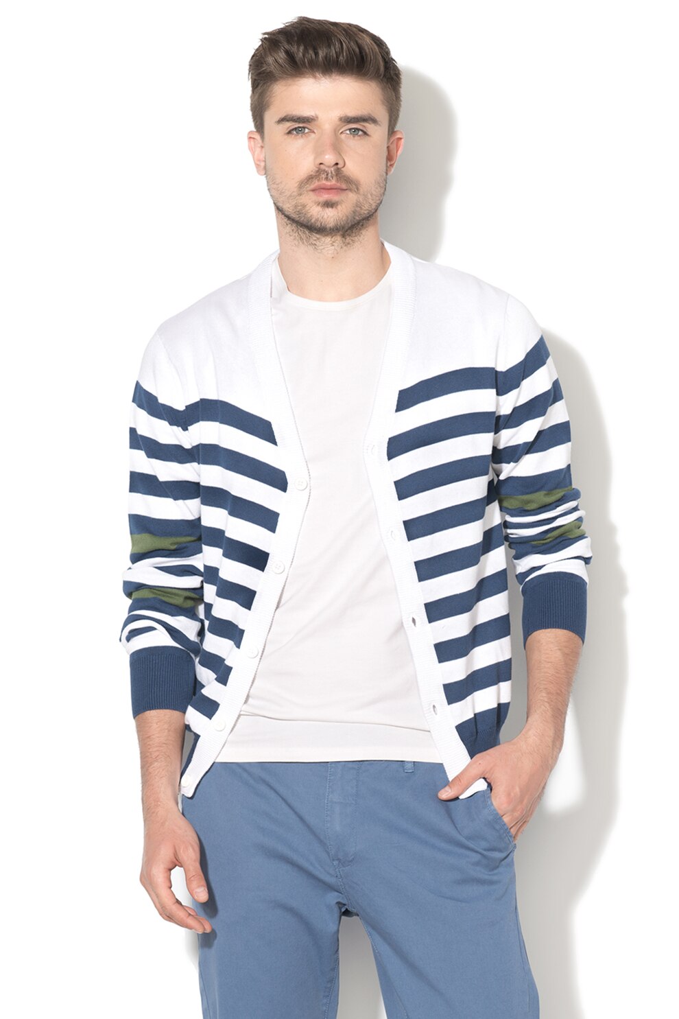 Zee Lane Denim, Раирана жилетка с копчета, Бял/Тъмносин, XXL - eMAG.bg