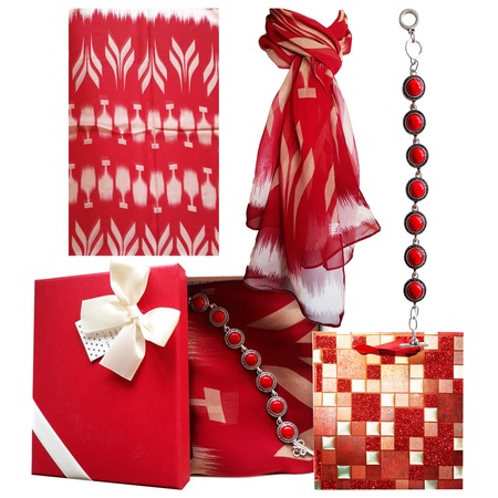 Pachet cadou cu bratara coral rosu, esarfa, cutie si punga cadou - eMAG.ro