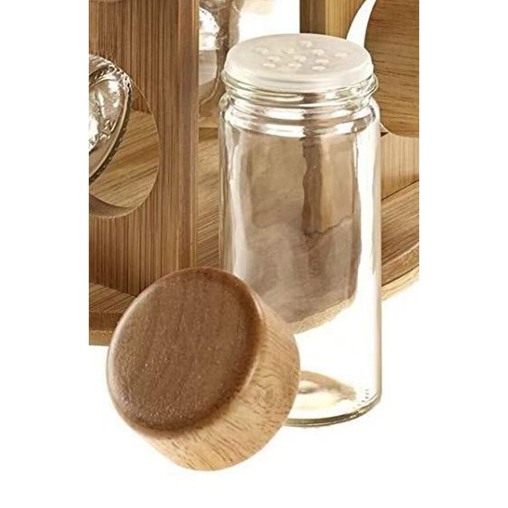 Set condimente sticla cu suport rotativ lemn 12 repiciente - eMAG.ro