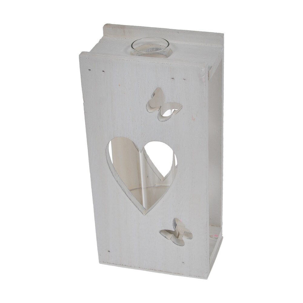 Vaza decorativa eprubeta in suport de lemn, model inima, alb, 20 cm ...