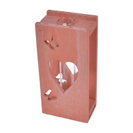 Vaza decorativa eprubeta in suport de lemn, model inima, roz, 20 cm ...