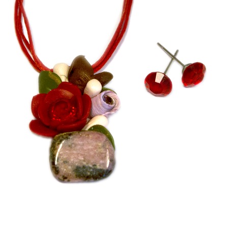 Set cu piatra semipretioasa si cristale swarovski, rosu, Rodonit ...