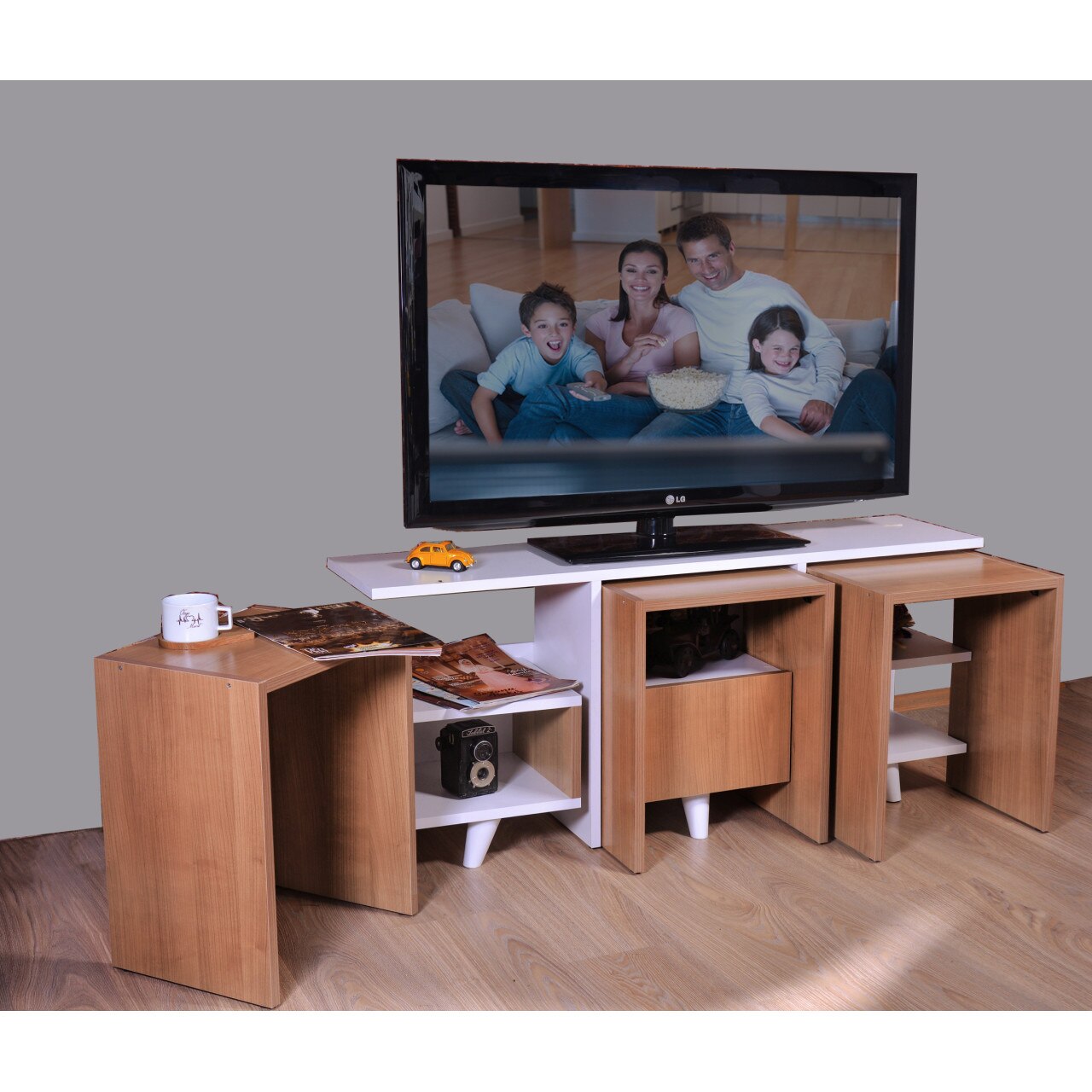 Comoda TV cu 3 masute de cafea incluse, Alb/Cires, Model 6041 - eMAG.ro