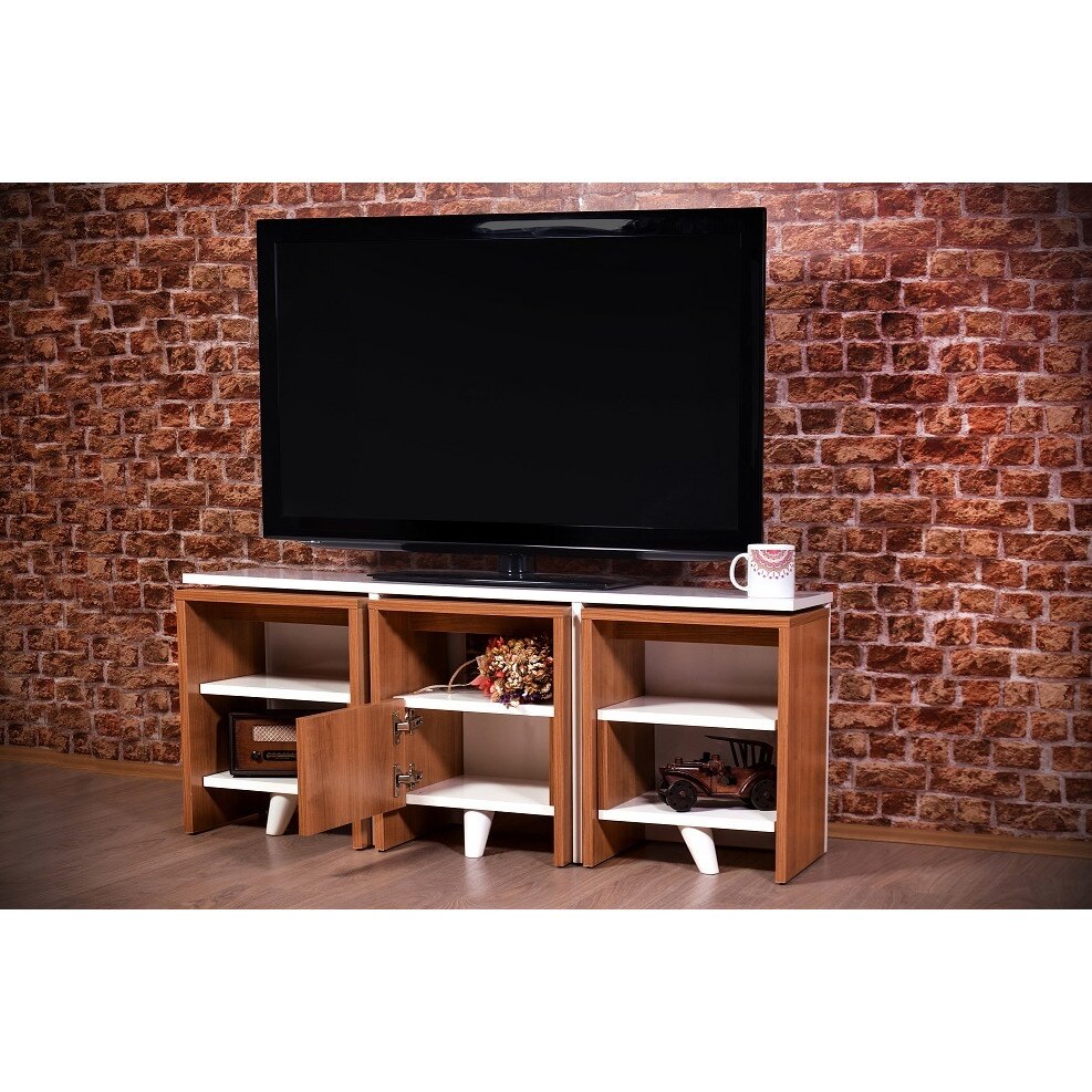 Comoda TV cu 3 masute de cafea incluse, Alb/Cires, Model 6041 - eMAG.ro