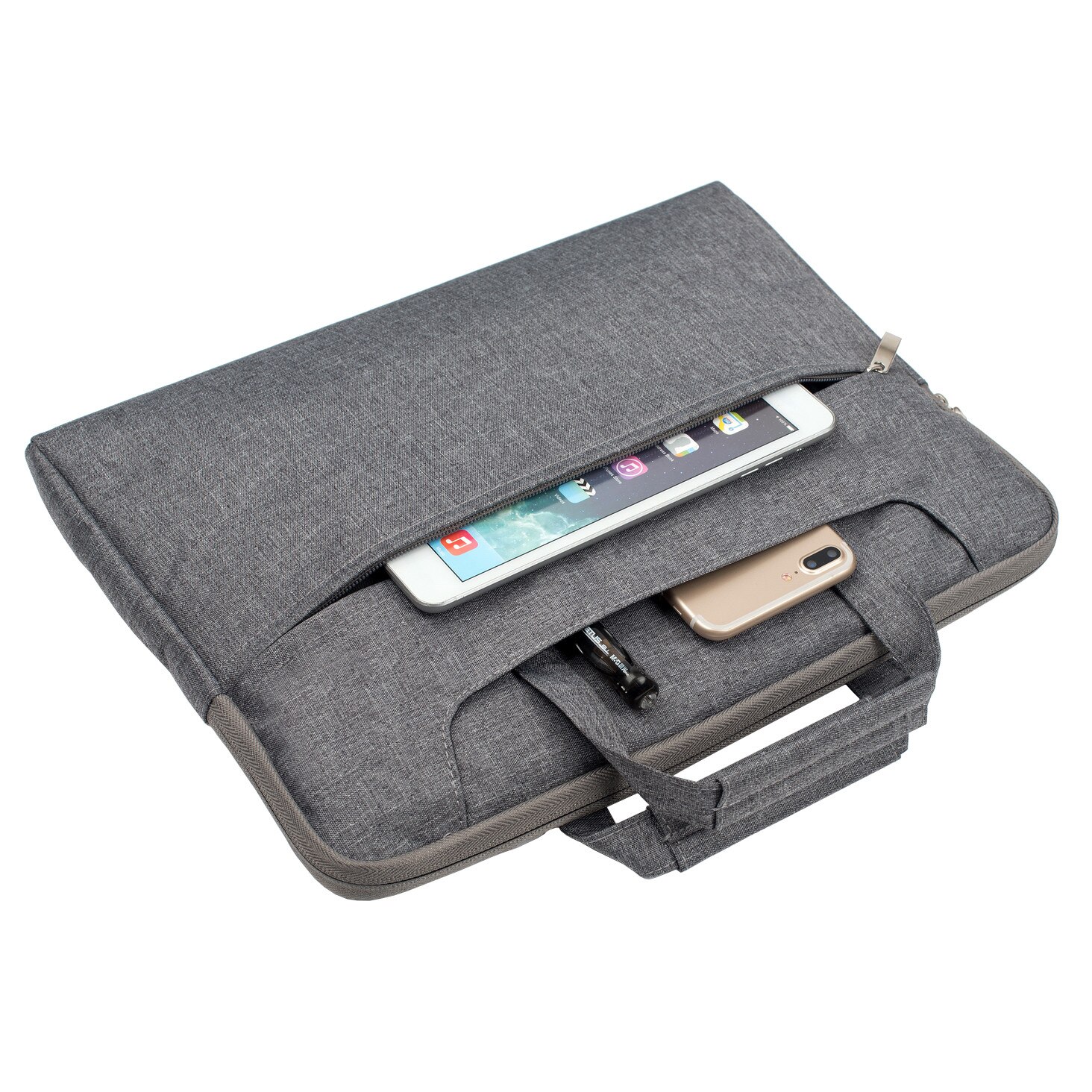 Geanta laptop / macbook 13 inch compartimentata cu maner si curea, gri ...