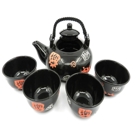 Set ceai cu motive chinezesti rosii, Jingdezhen, 4 cesti 80 ml ...