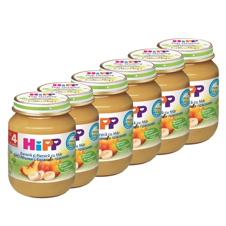 Опаковка от 6 броя плодови пюрета HIPP, Банани, праскови и ябълки, 125 ...