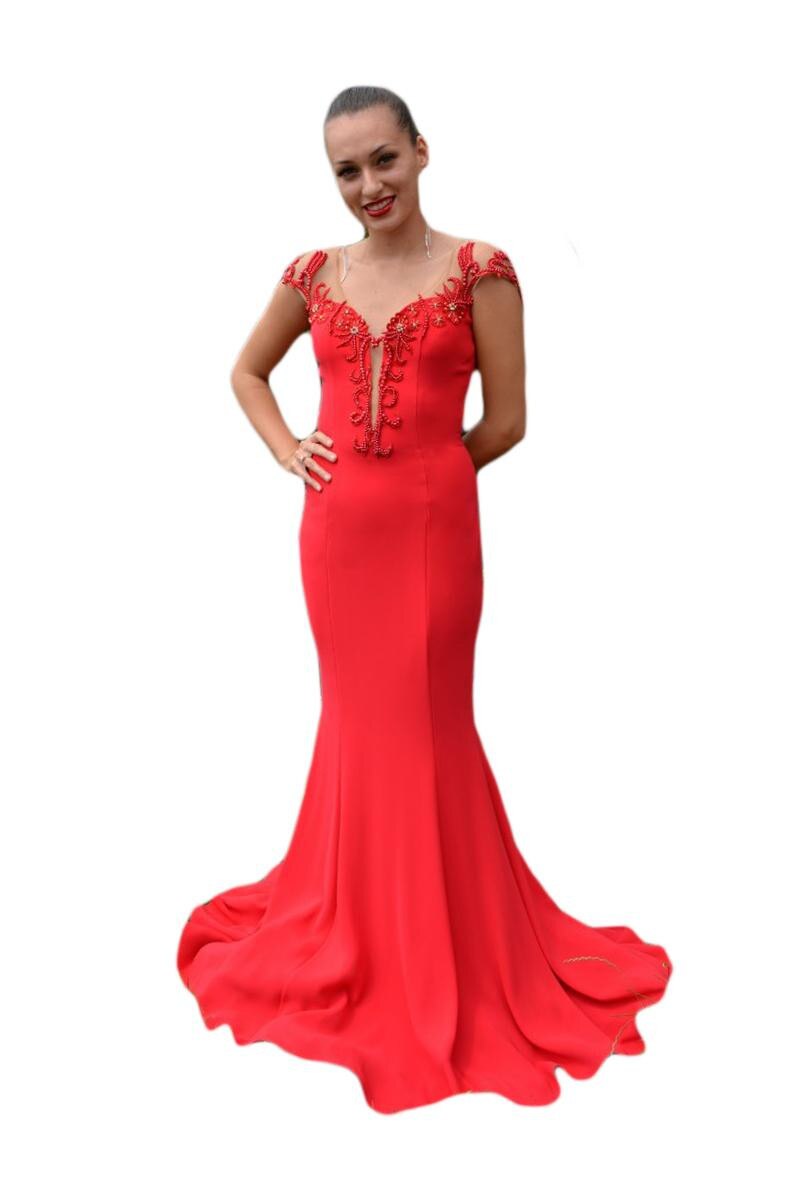 Rochie de gala tip sirena, cu insertie de tul, D&J Exclusive, Rosu, 38 ...