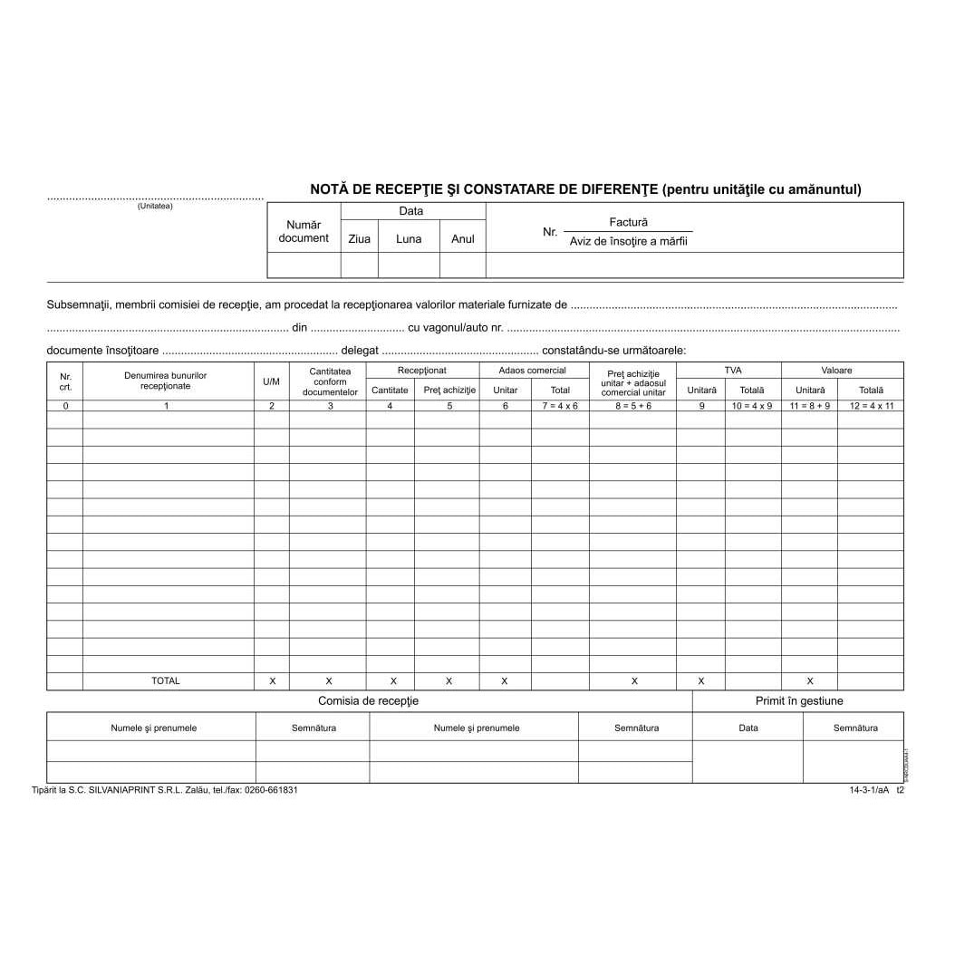 Nota de receptie si const de dif (in unit cu amanuntul), A4, hartie ...