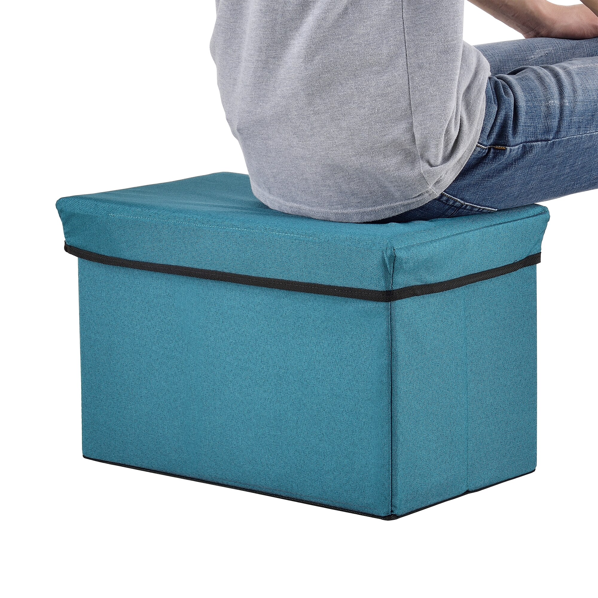 Scaun Puff, en.casa, rabatabil, MDF/poliester, 48 x 32 cm, turcoaz, cu ...