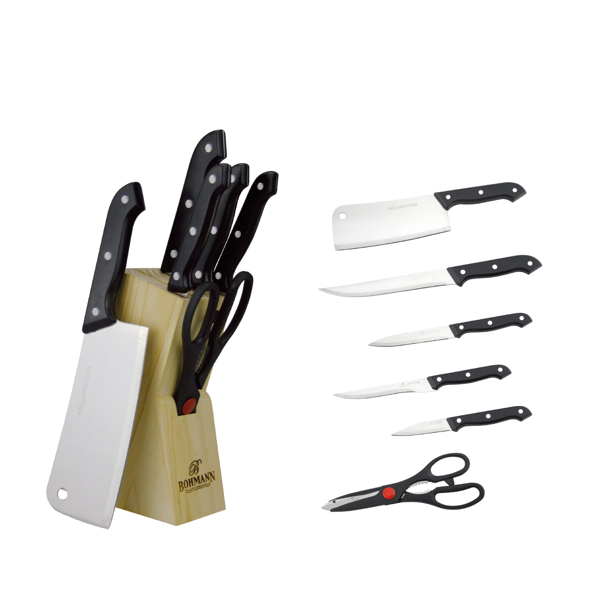 Set cutite inox 7 piese Bohmann, foarfeca, suport lemn, Negru/Mat - eMAG.ro