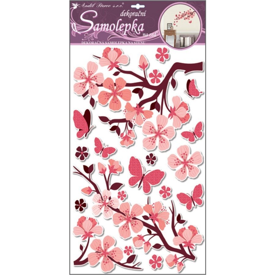 Sticker perete cu sclipici, creanga inflorita cu flori roz, 16 x 84 cm ...