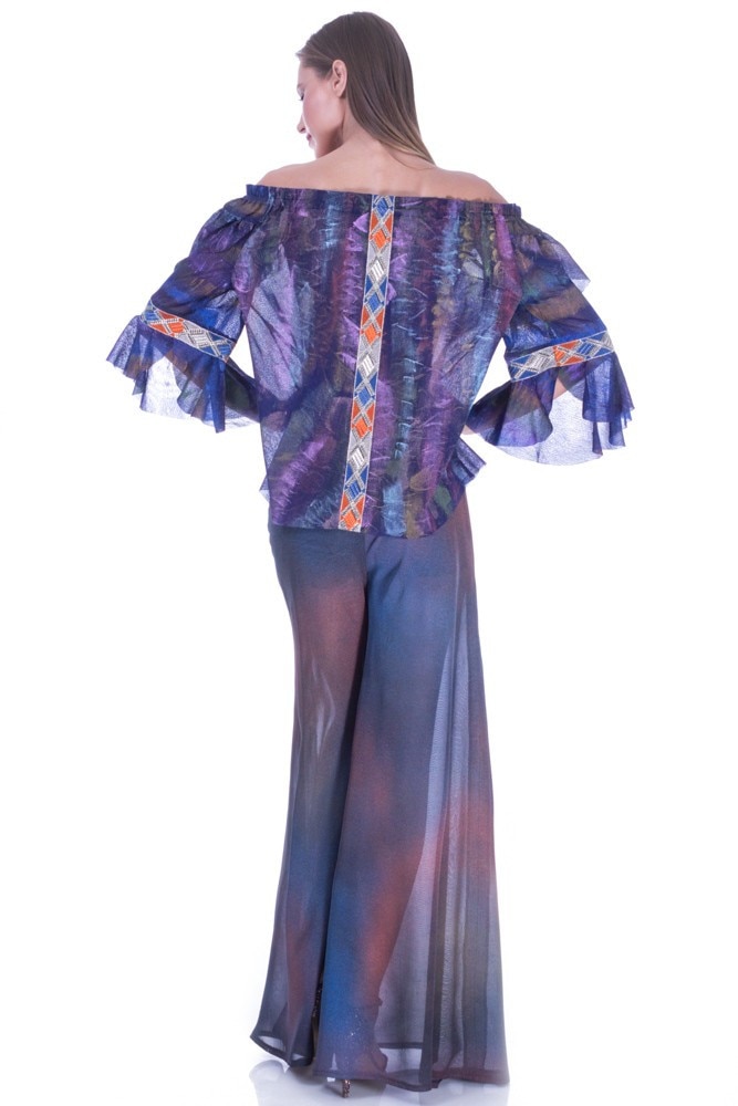 Pantalon albastru/aramiu matase pictat Liza Panait I-144E, 46 EU - eMAG.ro
