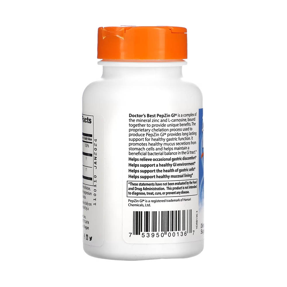Zinc-L-Carnosine Complex, PepZin GI, Doctor's Best, 120 capsule - eMAG.ro
