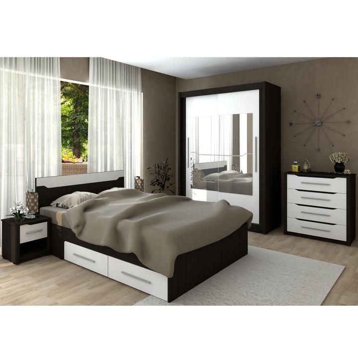 Set Dormitor GABRIEL, cu Dulap 2 Usi Glisante, Pat si Noptiere, Wenge ...