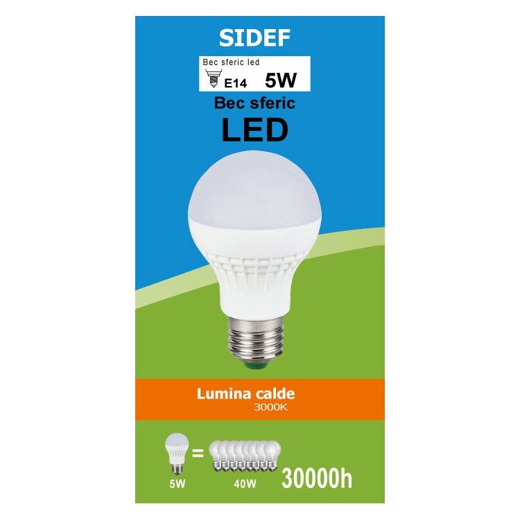 Bec LED, Sidef, E14, 5W (40W), 3000K, Clasa energetica G, Autonomie ...