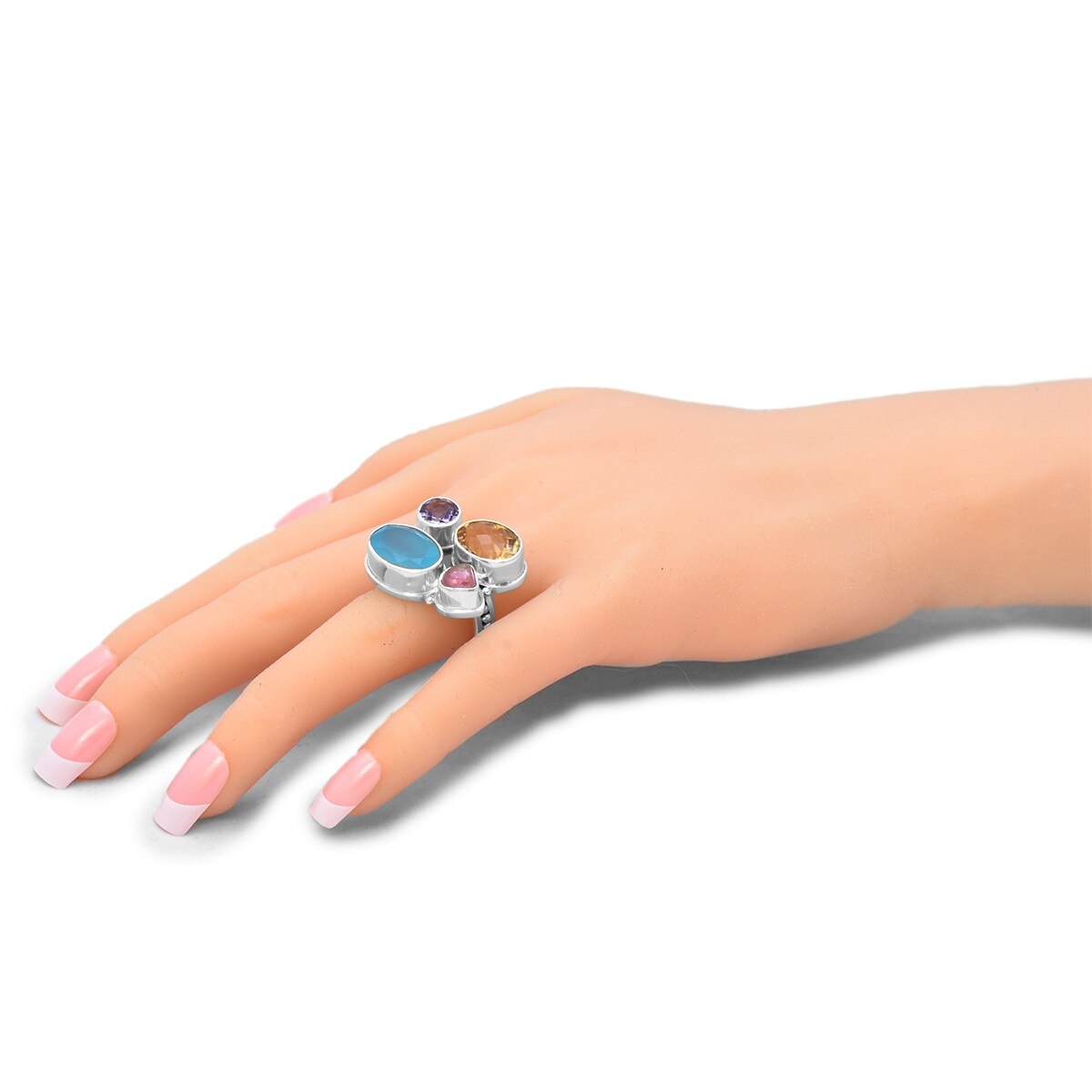 Inel din argint cu citrin, ametist, calcedonie si turmalina, de dama ...