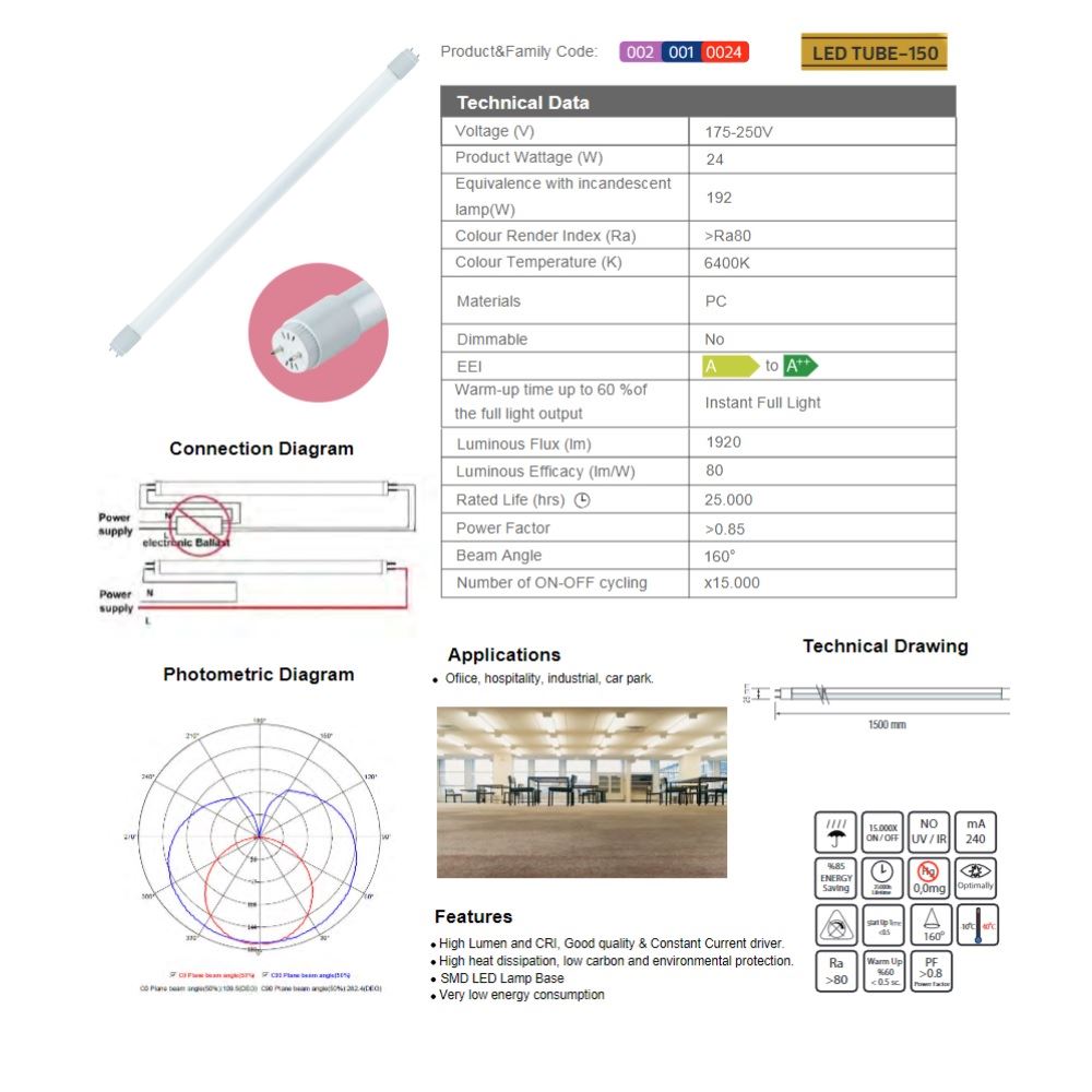 Tub neon LED Tube-150, putere 24 W, 150 cm, 2400 lm, 6400k, sticla ...
