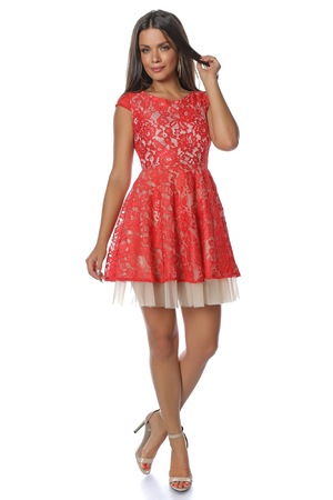 Rochie cu dantela si tull Anna, rosu, s/m - eMAG.ro