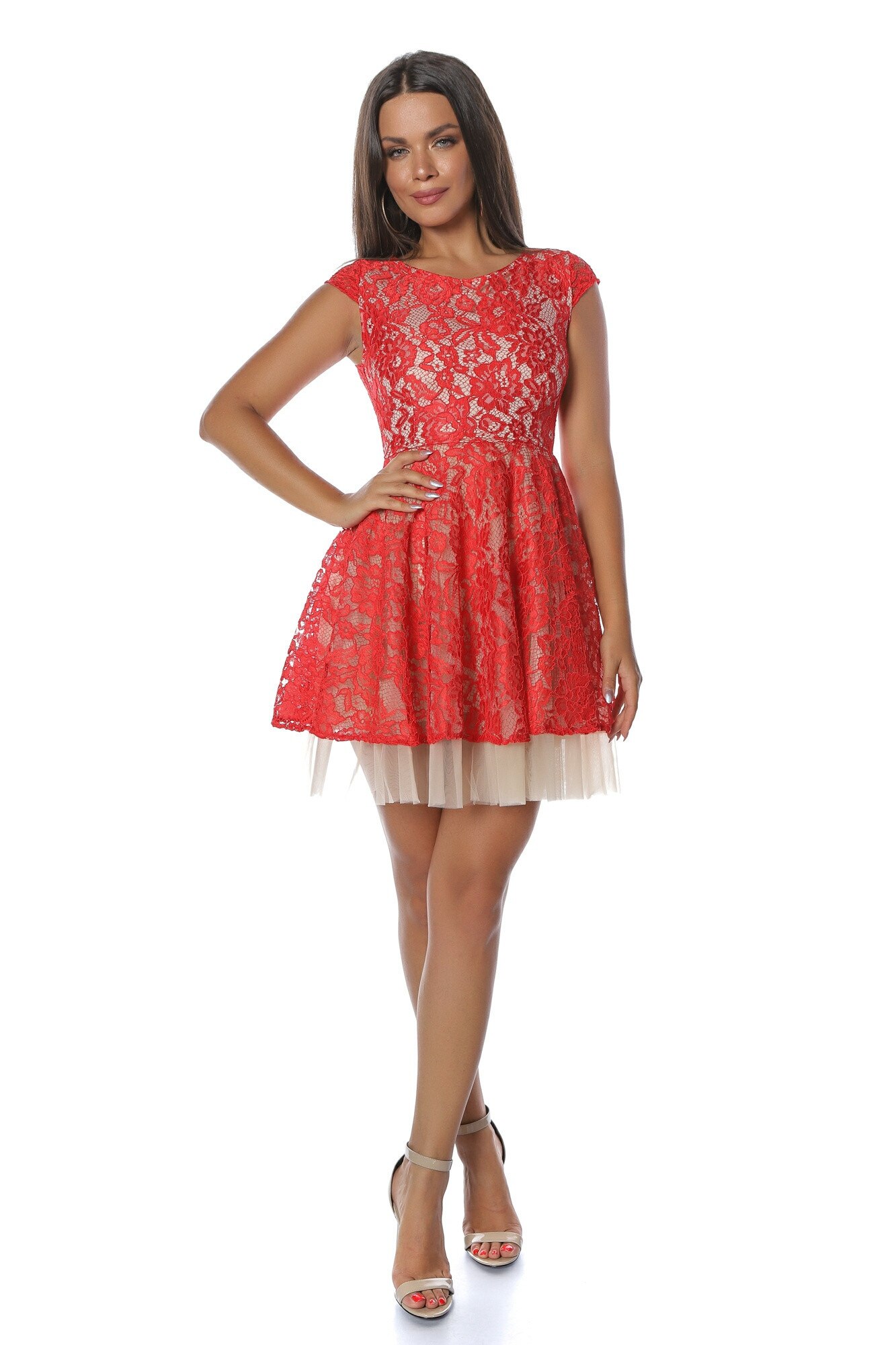 Rochie cu dantela si tull Anna, rosu, s/m - eMAG.ro