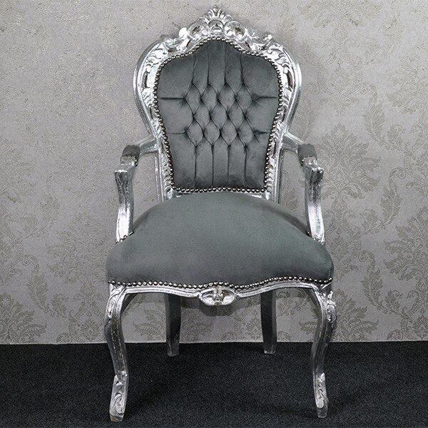 Scaun cu brate Baroc Cadru argintiu lemn masiv, Tapiterie Gri - eMAG.ro