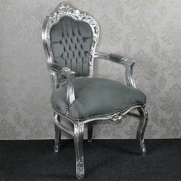 Scaun cu brate Baroc Cadru argintiu lemn masiv, Tapiterie Gri - eMAG.ro