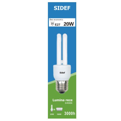 Bec Economic 2U, Sidef, E27, 20W (100W), 6400K, Clasa energetica G ...