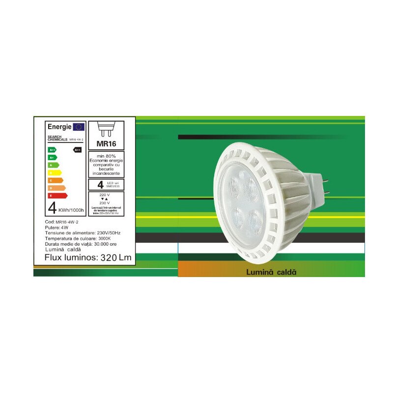 Bec LED, 4 LED-uri, MR16, 4W (32 W), 3000k, Clasa energetica F, Lumina ...