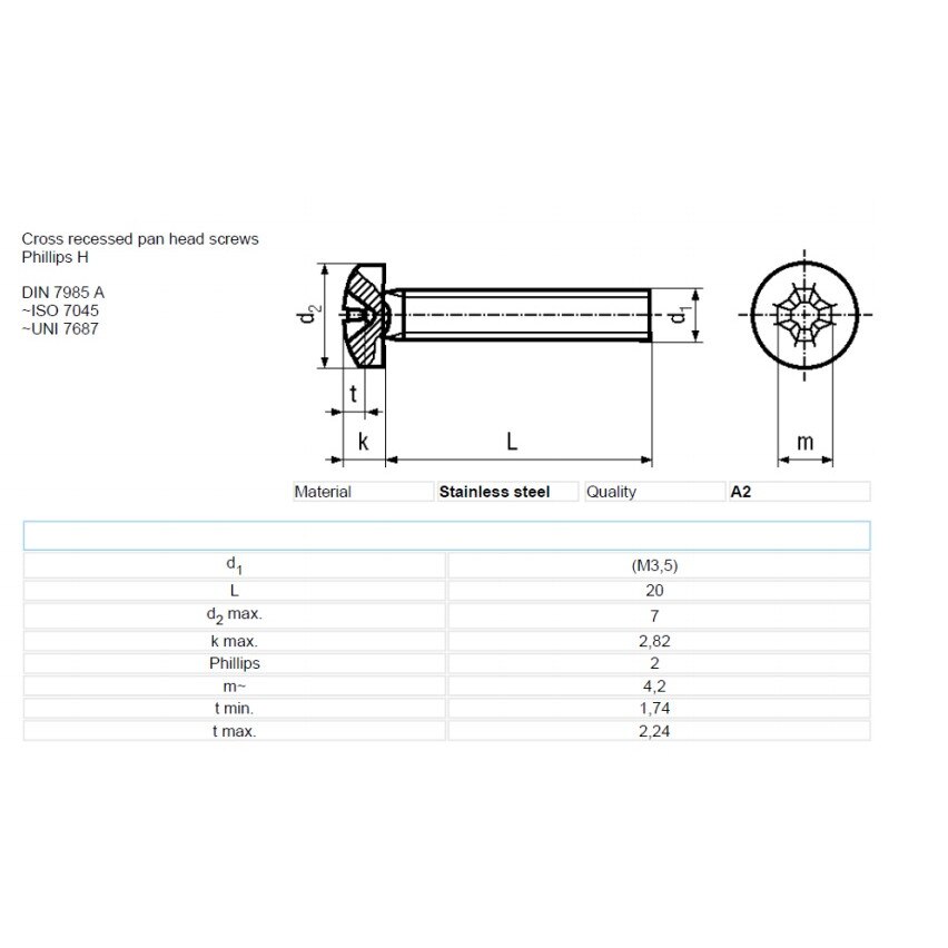 Комплект болтове AERZETIX, M3,5 x 20, DIN:7985A, Phillips PH1 ...
