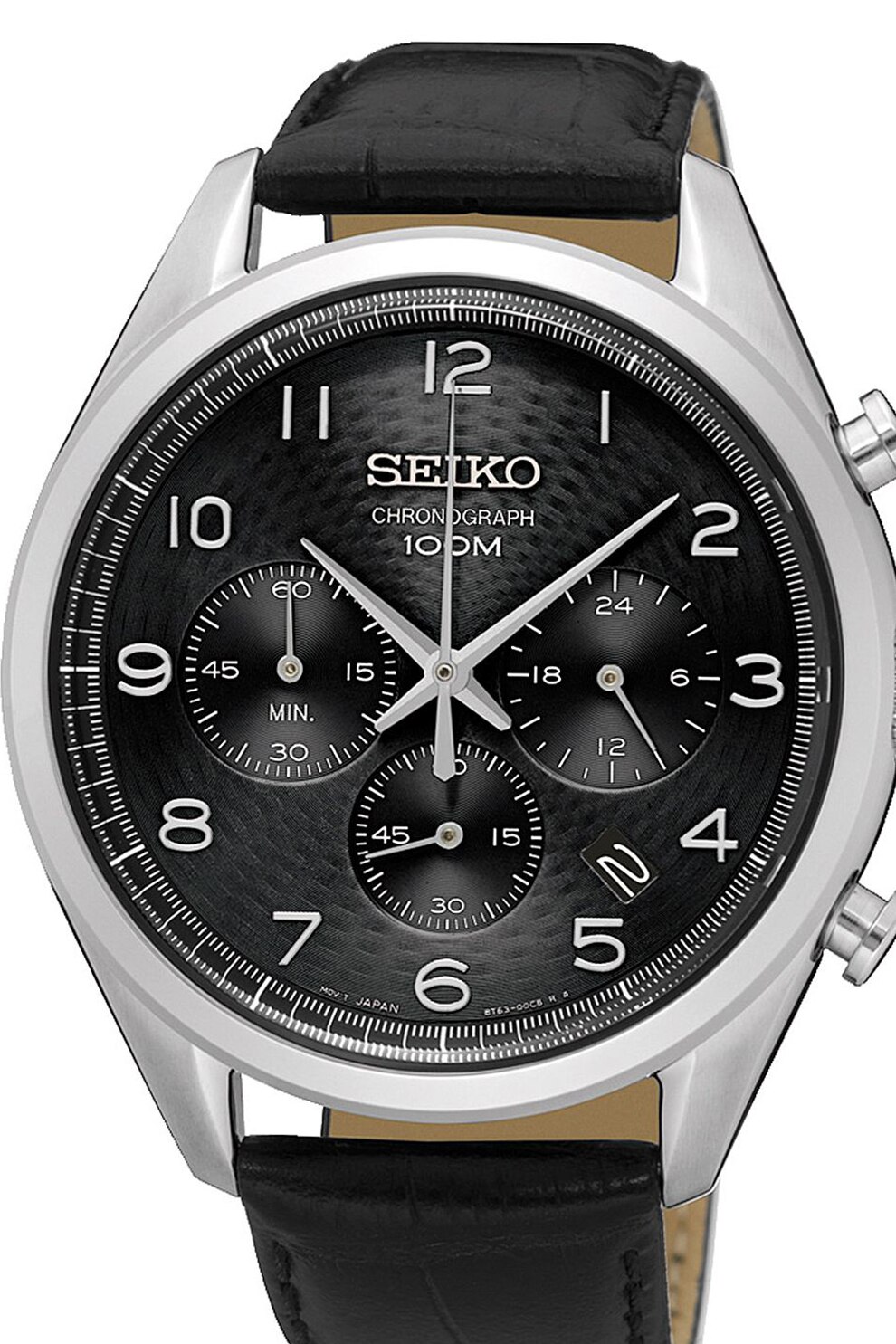 Seiko, Часовник с хронометър и кожена каишка, Черен - eMAG.bg