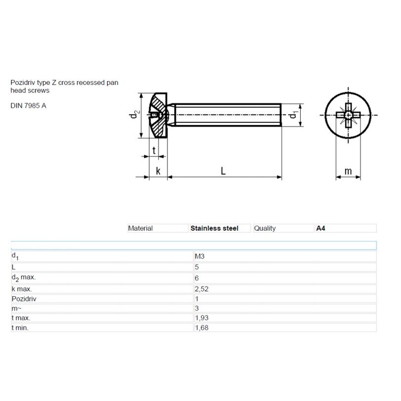 Комплект болтове AERZETIX, M3 x 5, DIN:7985A, Pozidriv PZ1, полукръгли ...