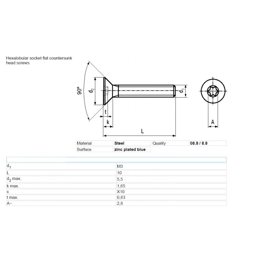 Комплект болтове AERZETIX, M3 x 10, Torx TX10, скрити, поцинкована ...