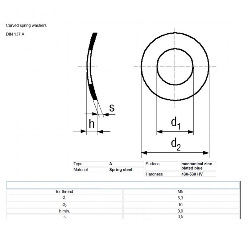 Комплект шайби AERZETIX, пружинни, дъгообразни, M5, D - 10 мм, h - 0,9 ...