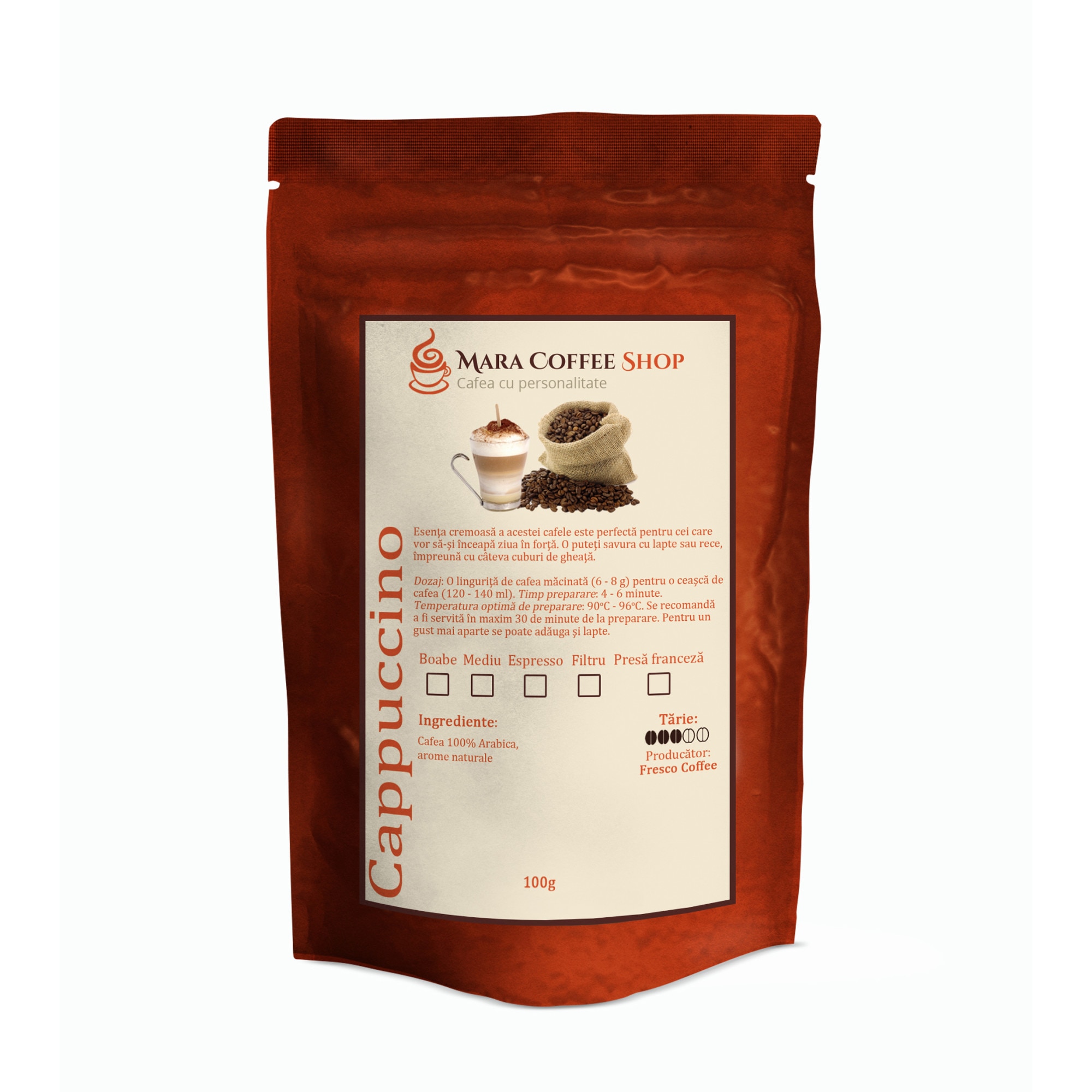 Cafea premium cu aroma de cappuccino, boabe, 100% Arabica, Fresco ...