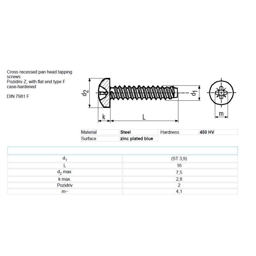 Комплект винтове AERZETIX, 3,9 x 16, за метал, DIN:7981F, Pozidriv PZ2 ...