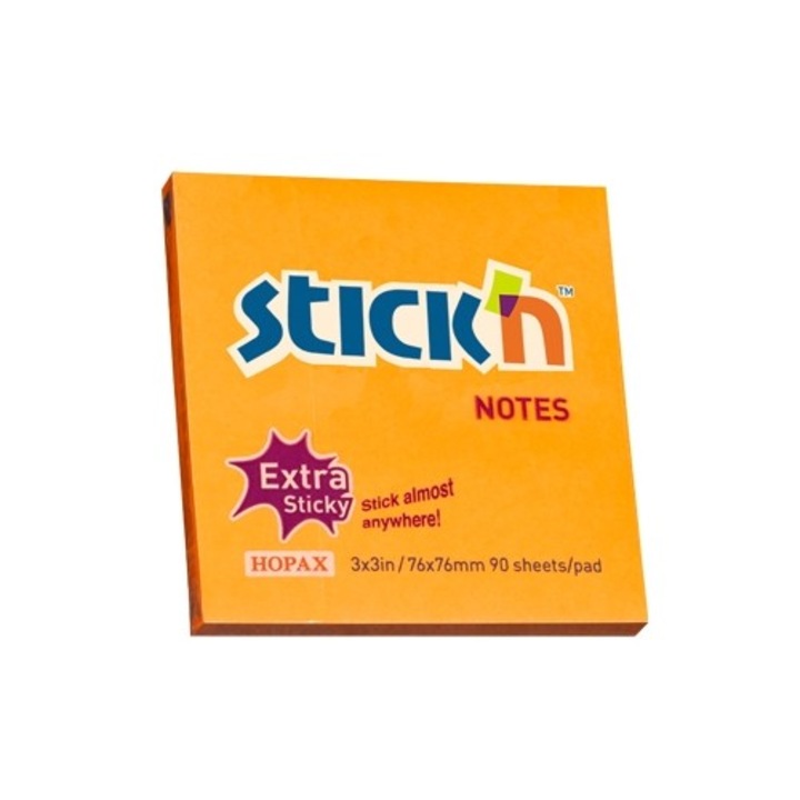 Notes autoadeziv extra-sticky 76 x 76mm, 90 file, Stick"n - portocaliu ...