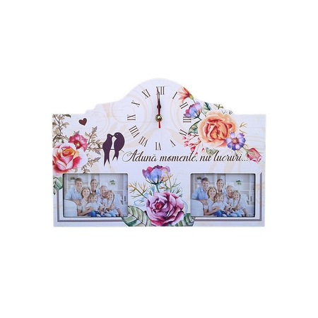 Ceas cu rama foto dubla, cu text aduna momentele nu lucrurile 40X28 cm ...