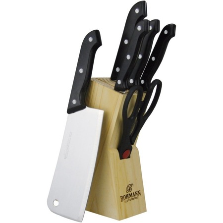 Set cutite 7 piese cu suport lemn, Bohmann, maner plastic negru si set ...