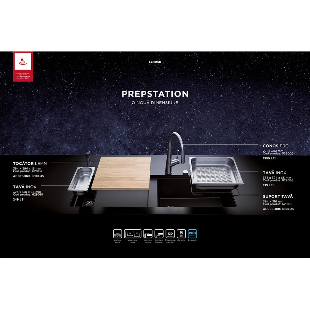 Schock Prepstation D-150 Polaris Cristadur Gránit mosogatótálca 1140 x 460 mm Lefolyó ...